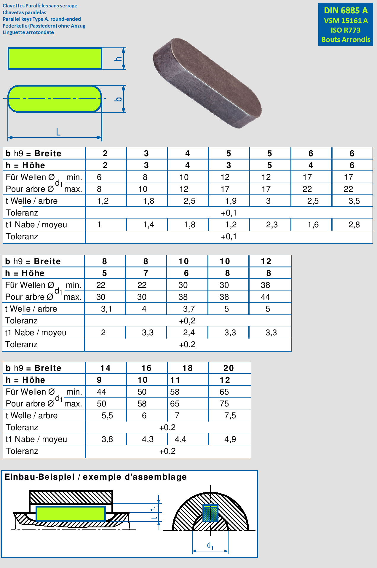 Clavettes Parallèles Bouts Arrondis Forme A DIN 6885 Acier - Clavettes ...