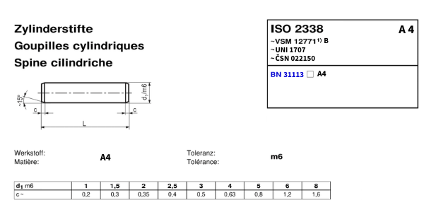 ISO 2338A - m6 - Inox A4 - Hardened Dowel Pin - Pins
